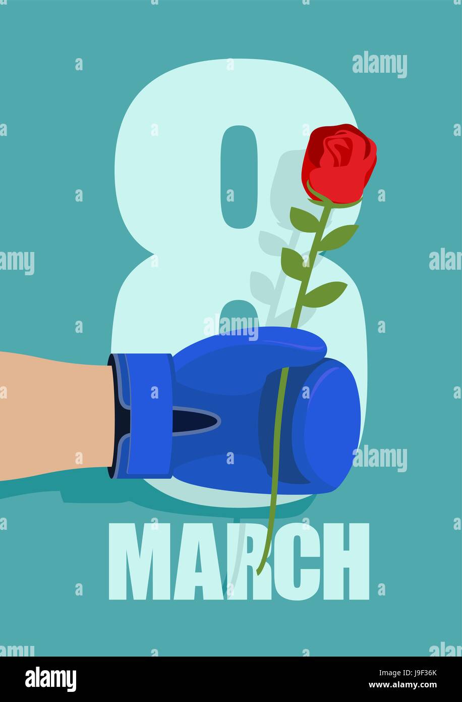 8 March. Red rose as gift for holiday. Mens hand and Boxing Glove ...
