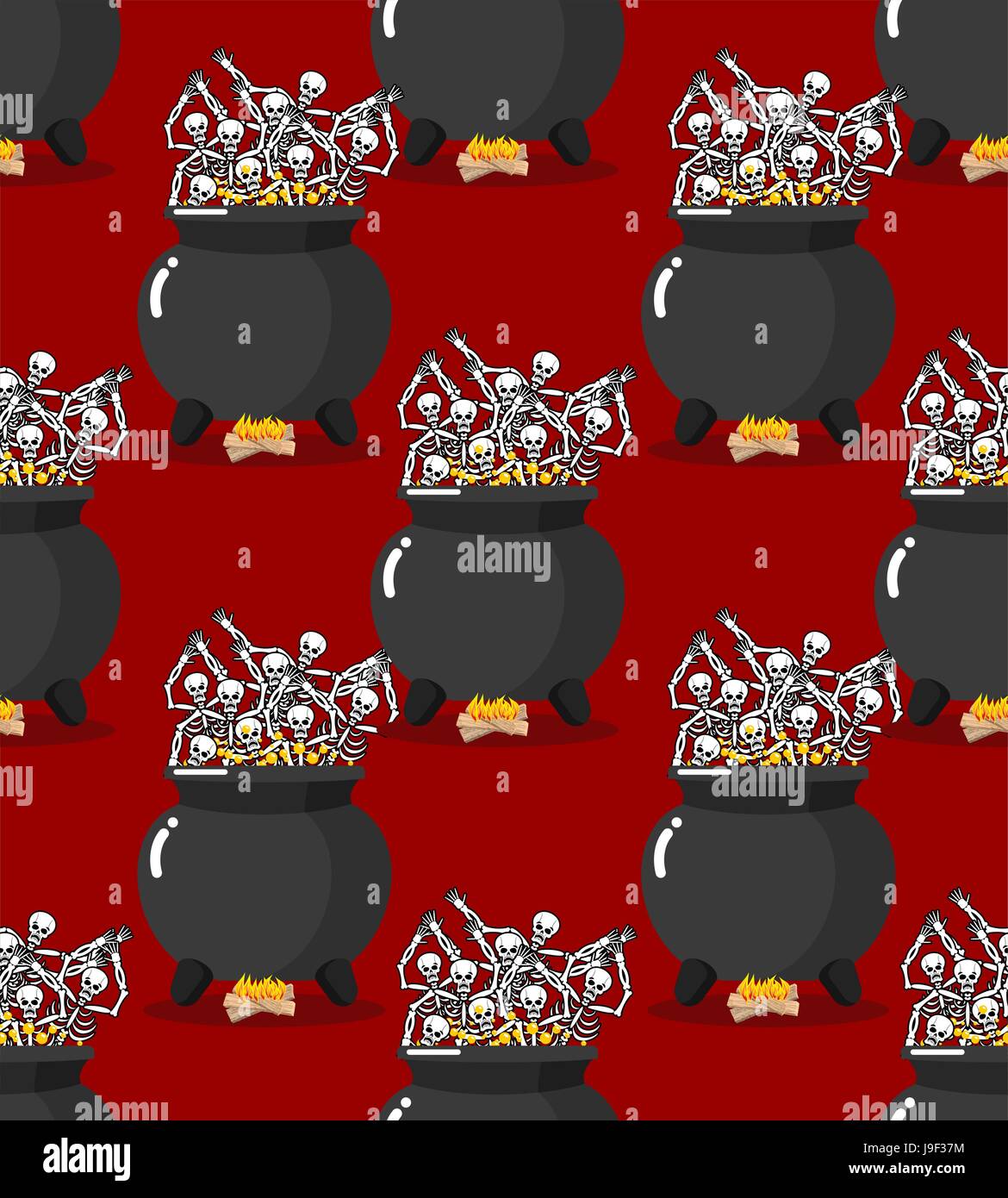 Sinners in pot in Hell seamless pattern. Skeletons are cooked in resin ...