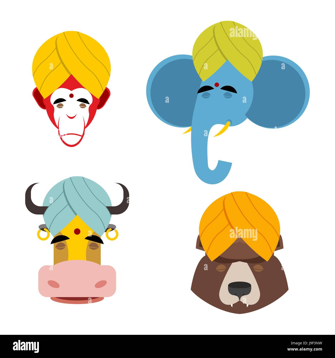 Sacred animals in turban. Blue Indian elephant meditating. cow and red ...