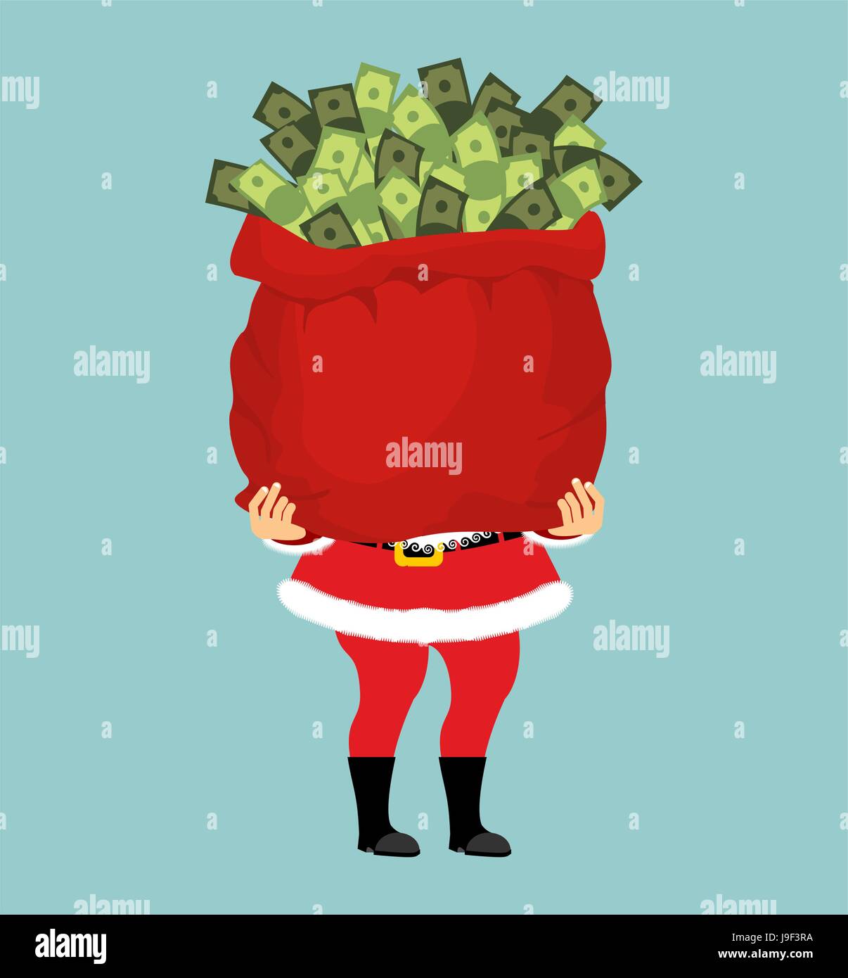 Santa and bag of money. Christmas gift cash. Red sack with dollars ...