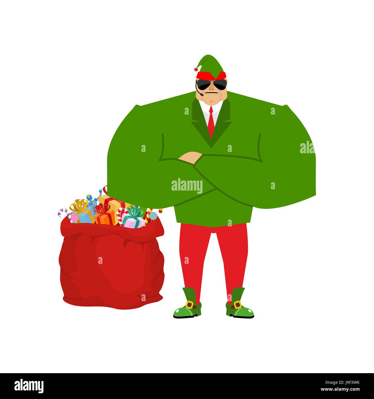 Santa elf and red bag. Claus bodyguards. Christmas guards. Protecting ...