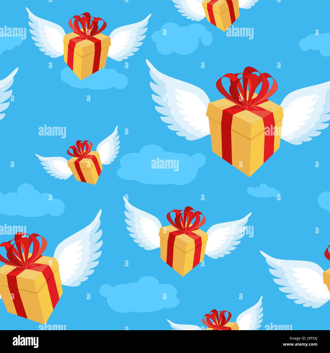 Gift with wings pattern. Flying gift box with red bow and ribbon on ...