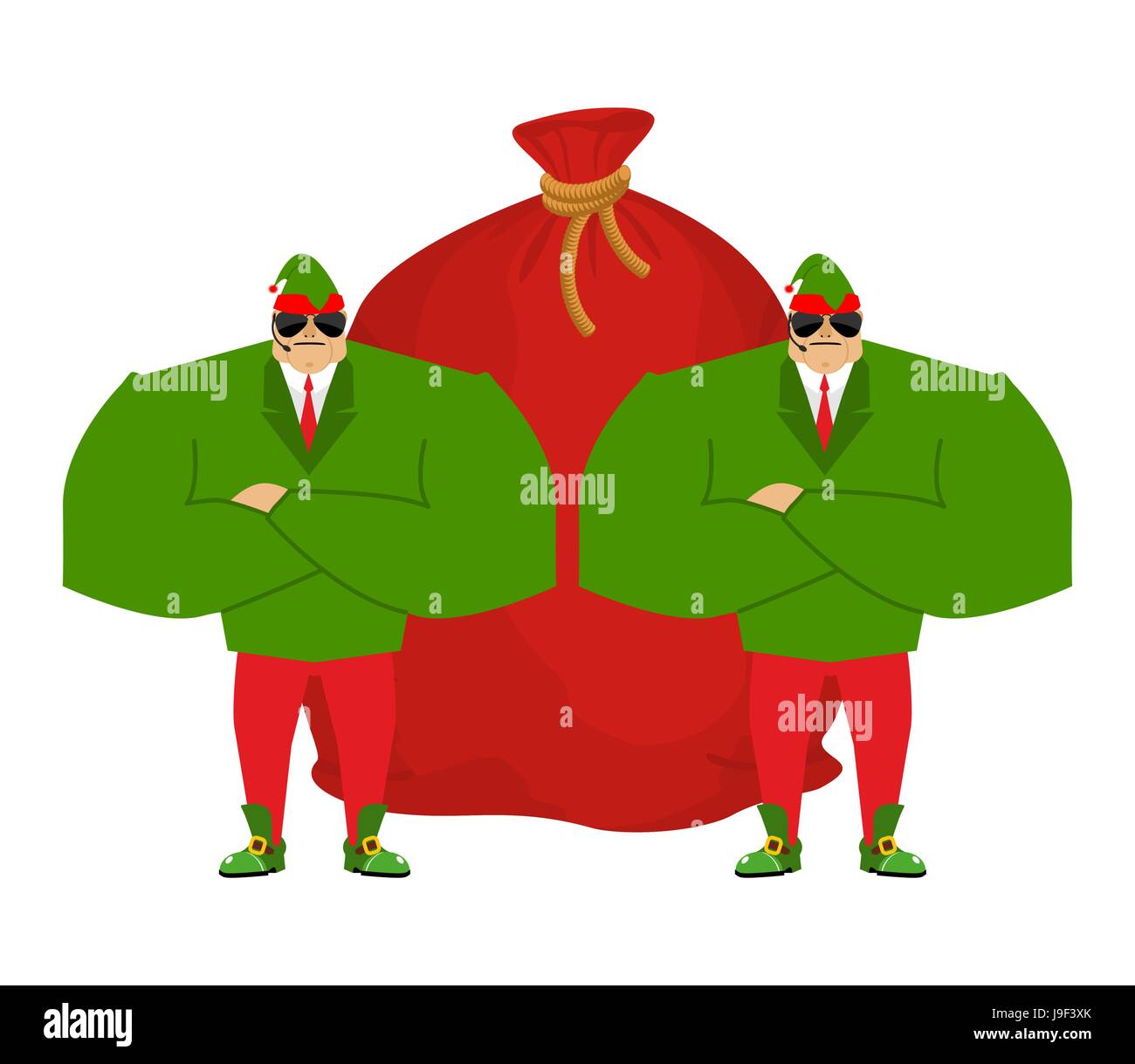 Santa elf and red bag. Claus bodyguards. Christmas guards. Protecting ...