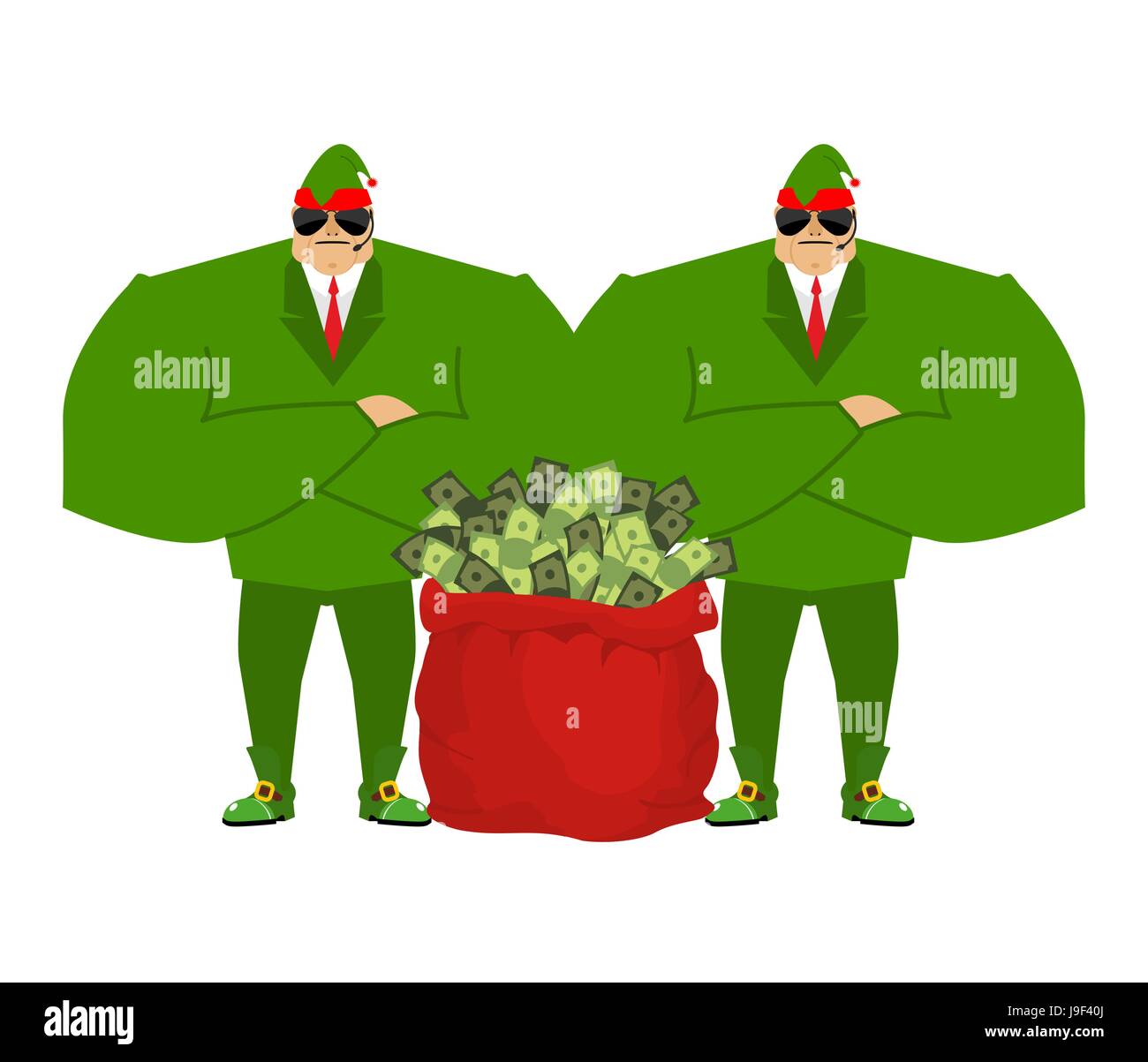 Santa elf and red bag full money. Claus bodyguards. Christmas guards ...