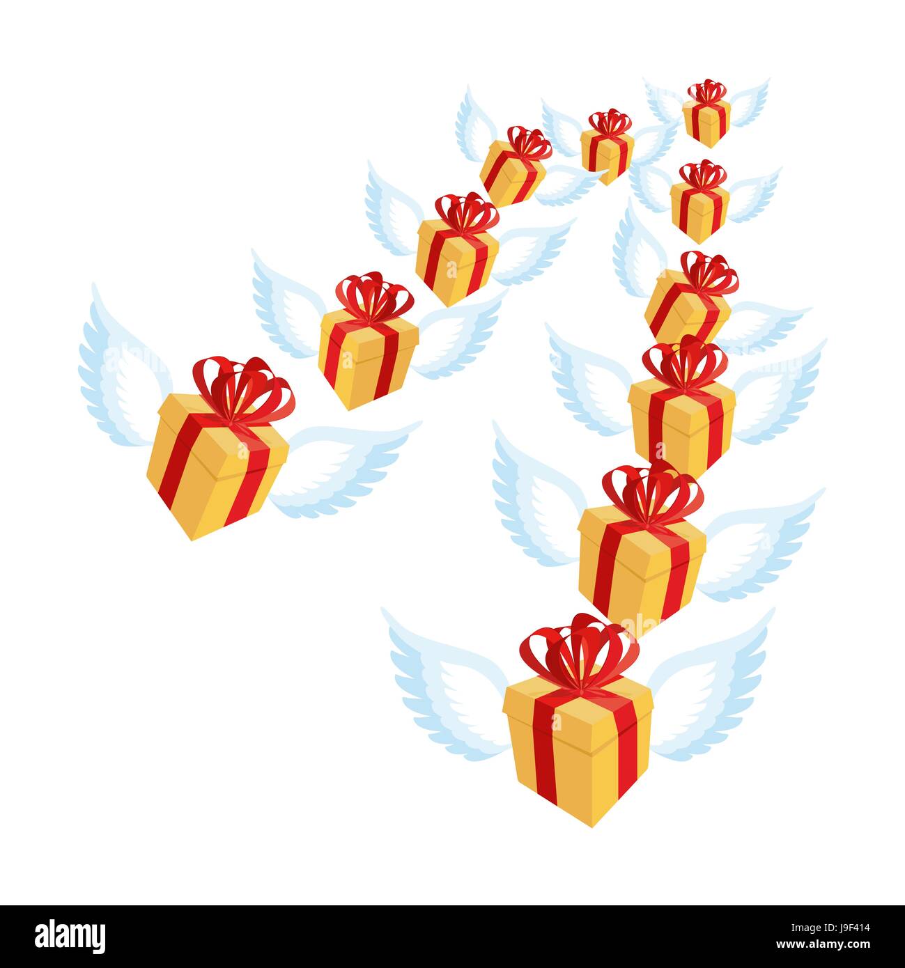 Gift with wings flying flock. Flying gift box with red bow and ribbon ...