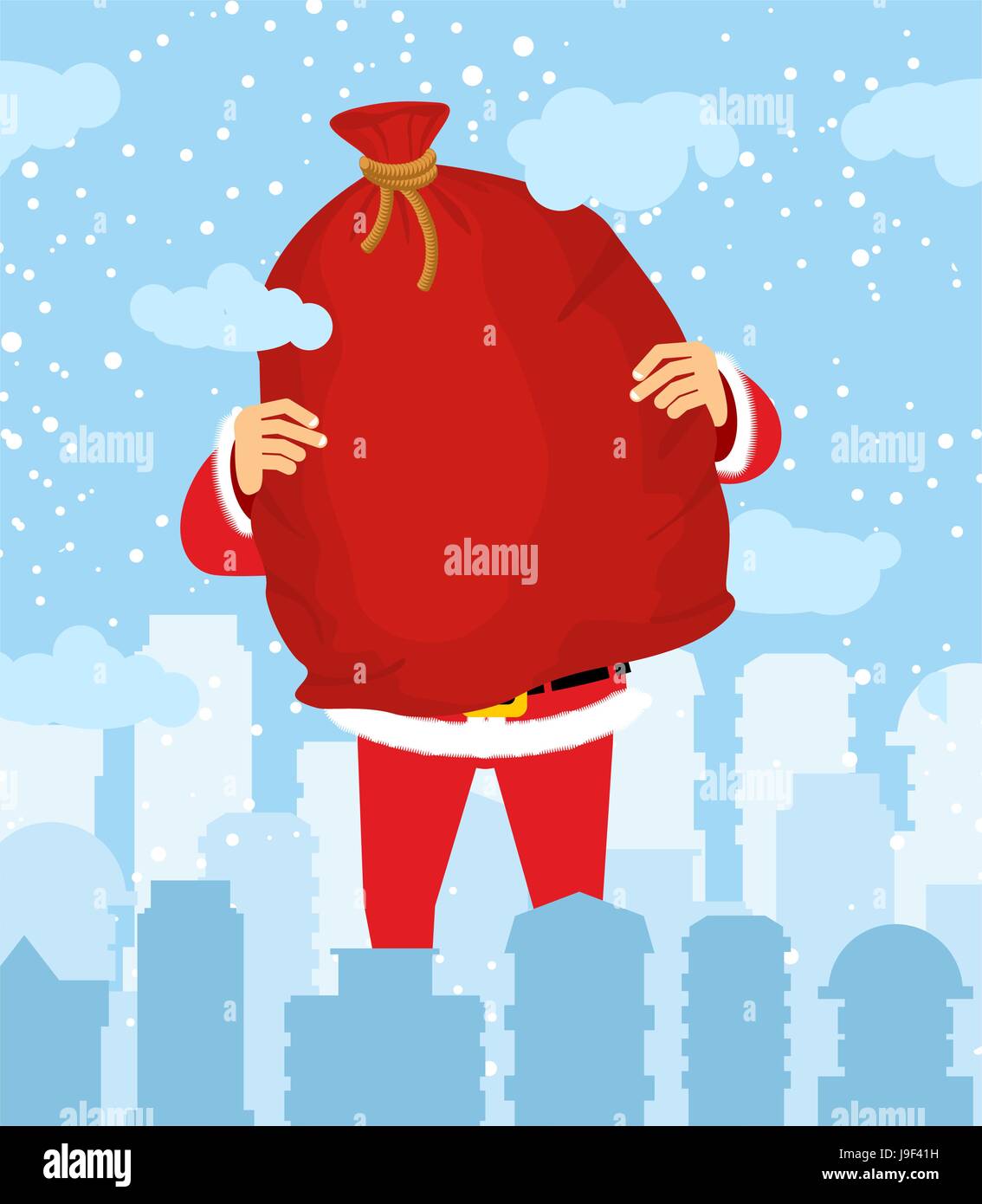 Santa Claus in city carry bag of gifts. Christmas in town. Snow and ...