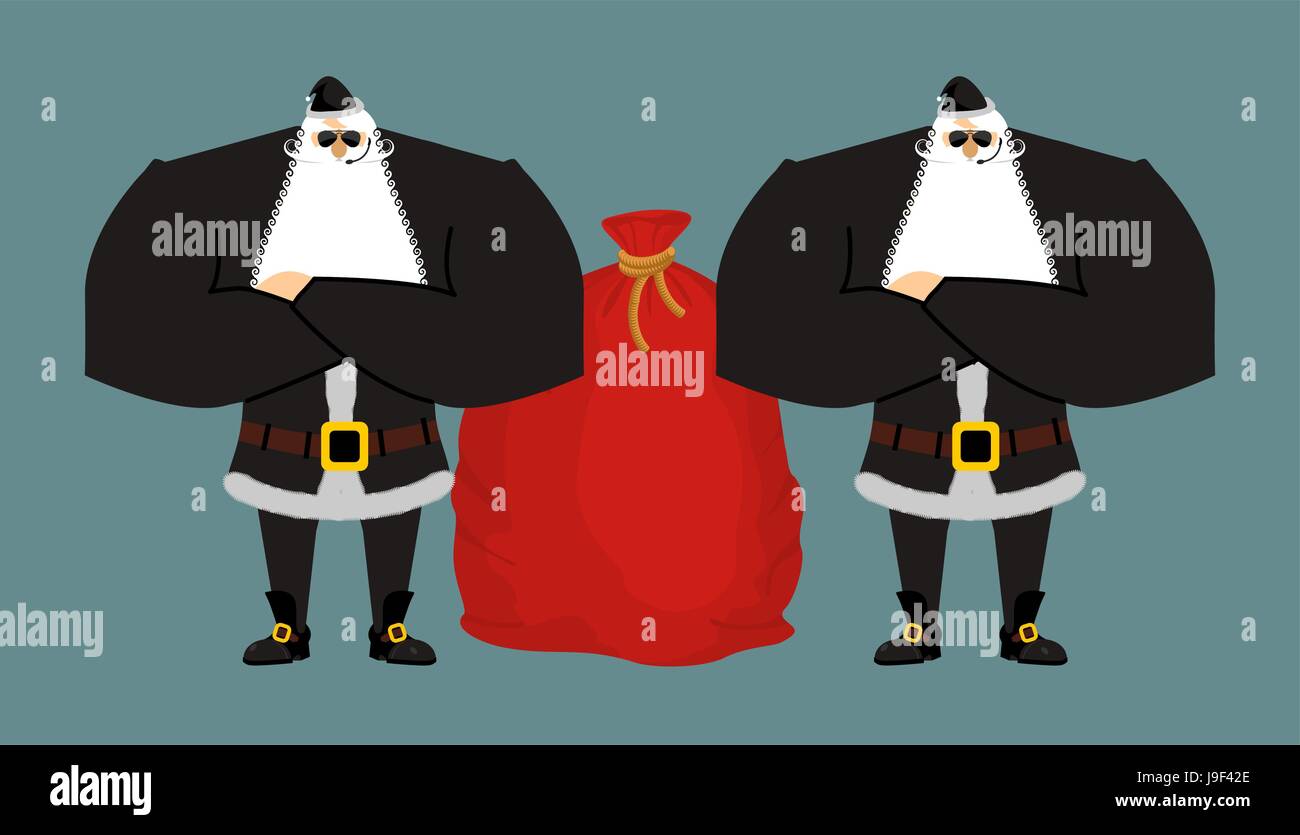 Santa Claus bodyguards. Christmas security guards. Protecting red bag ...