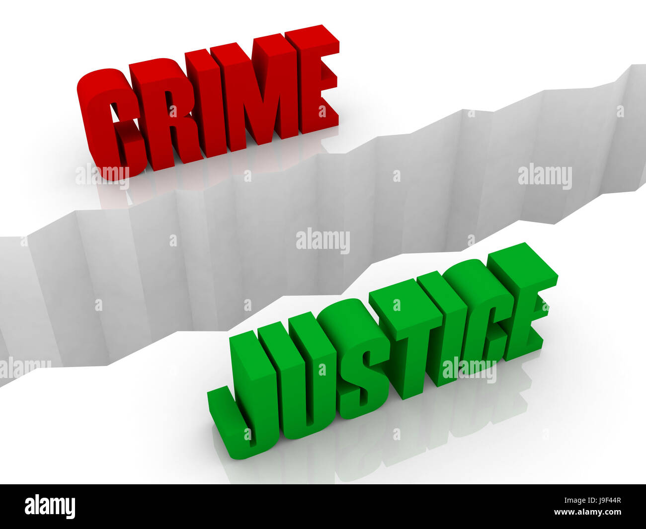 Two words CRIME and JUSTICE split on sides, separation crack. Concept ...