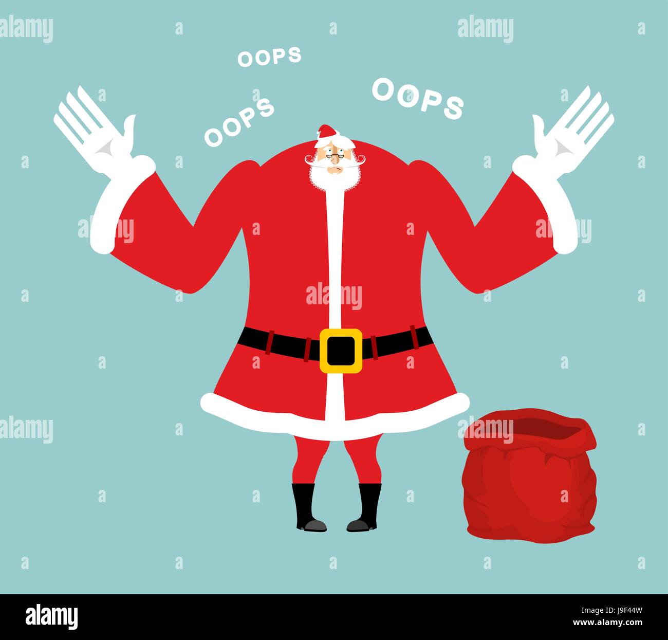 Santa empty red bag. Gifts ended. Santa Claus sorry speaks "oops ...