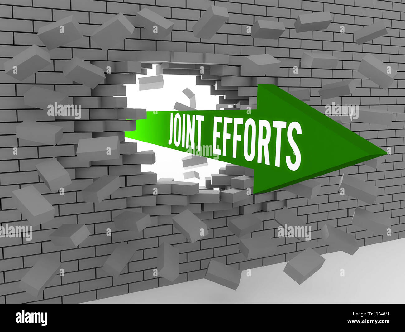 Arrow with words Joint Efforts breaking brick wall. Concept 3D ...