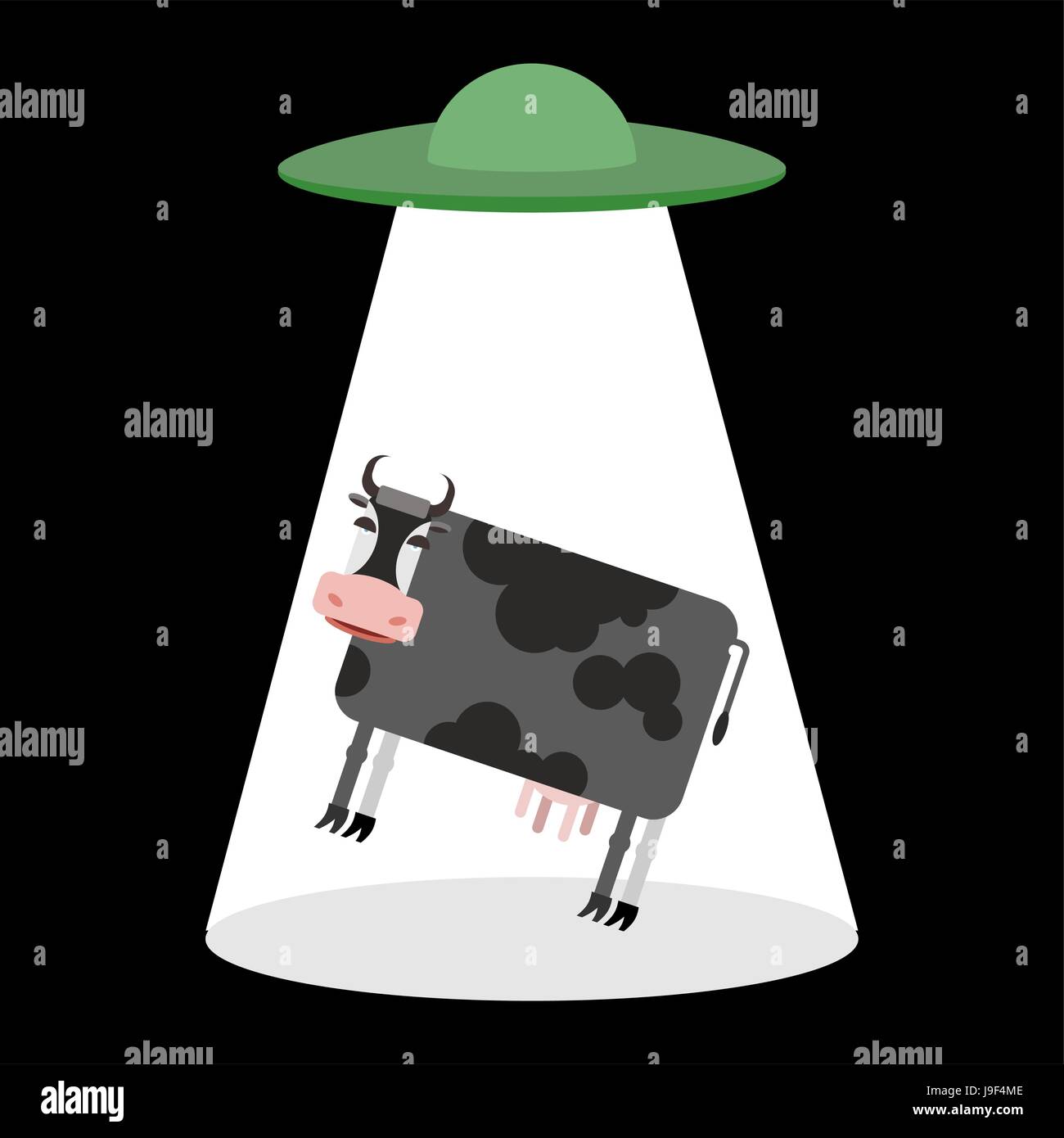 UFO and cow. Aliens abduct cattle. Frisbee and farm animals Stock ...