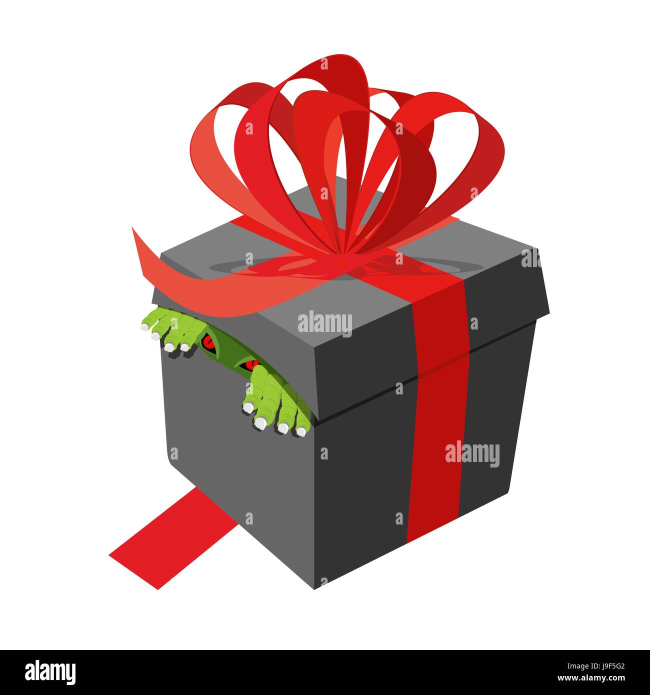 Black gift box. Monster peeking. Ribbons and bows. terrible present ...