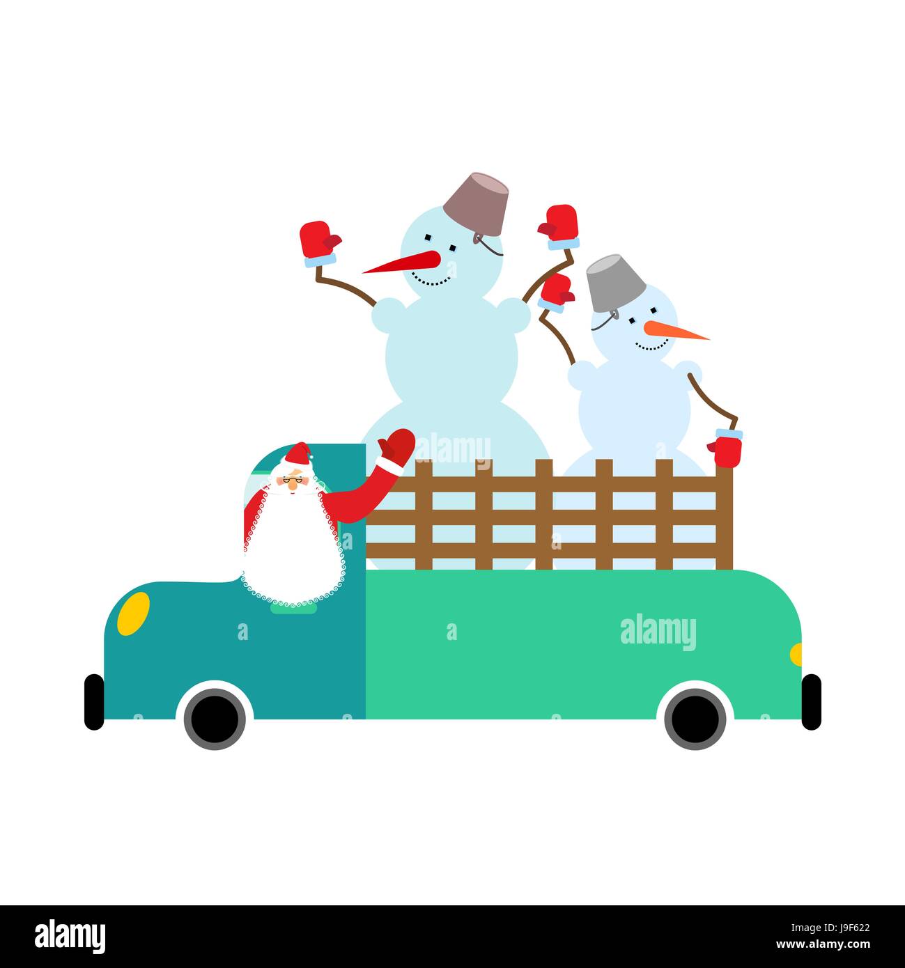 Santa truck and snowmen. Christmas car. New Year Machine Stock Vector ...