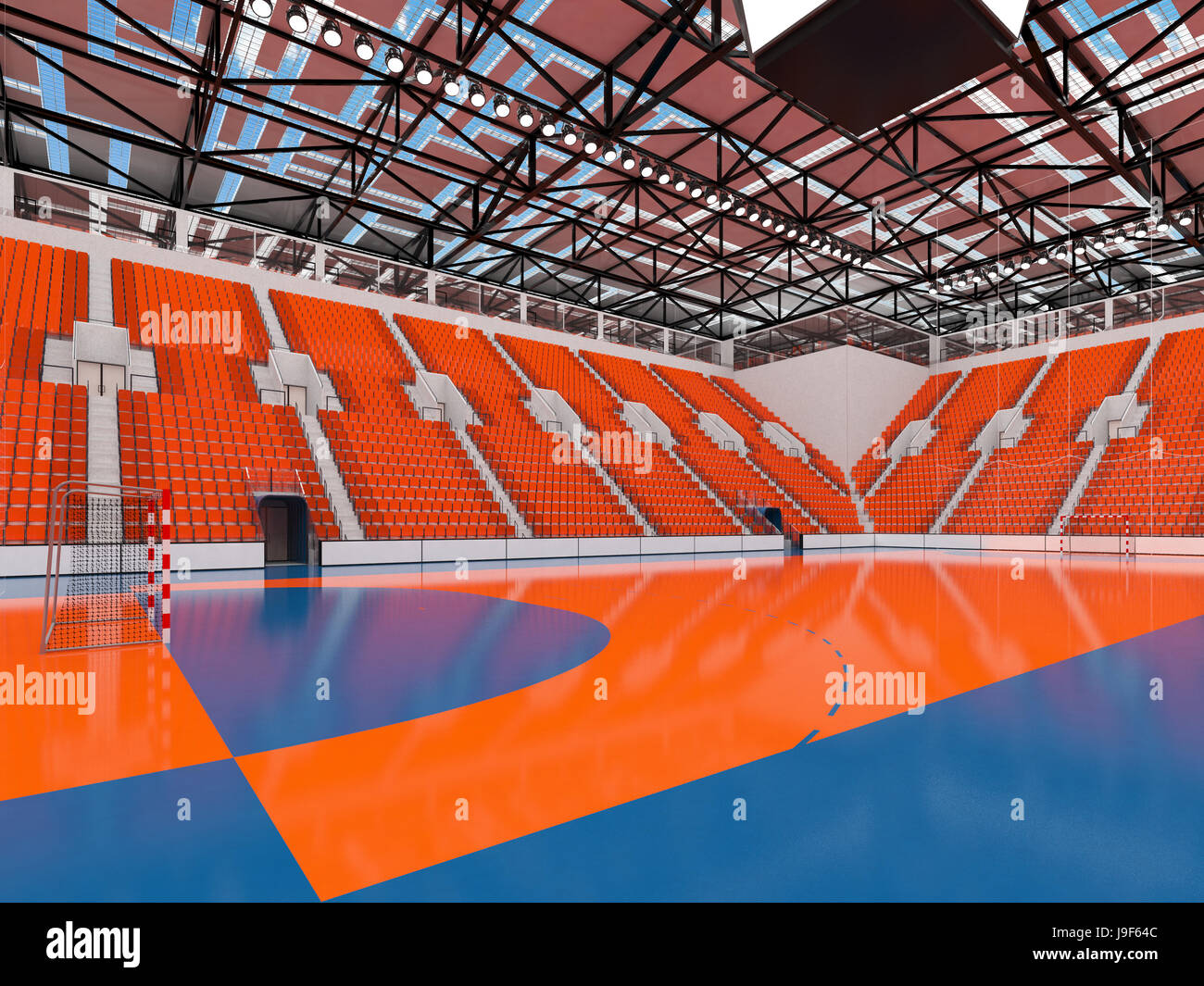 3D render of beautiful sports arena for handball with floodlights and ...