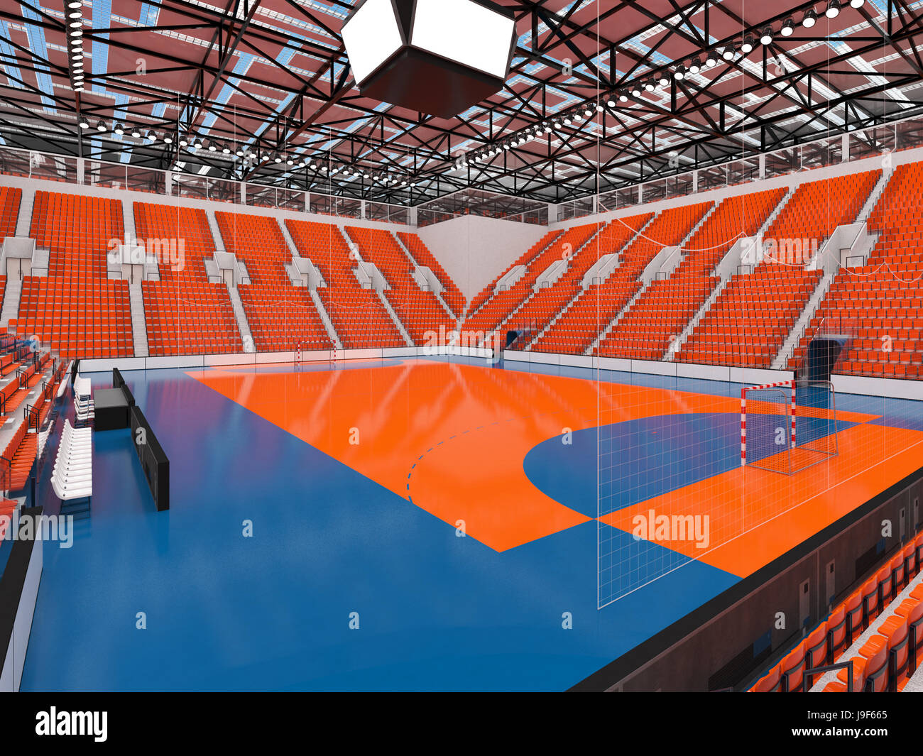 3D render of beautiful sports arena for handball with floodlights and ...
