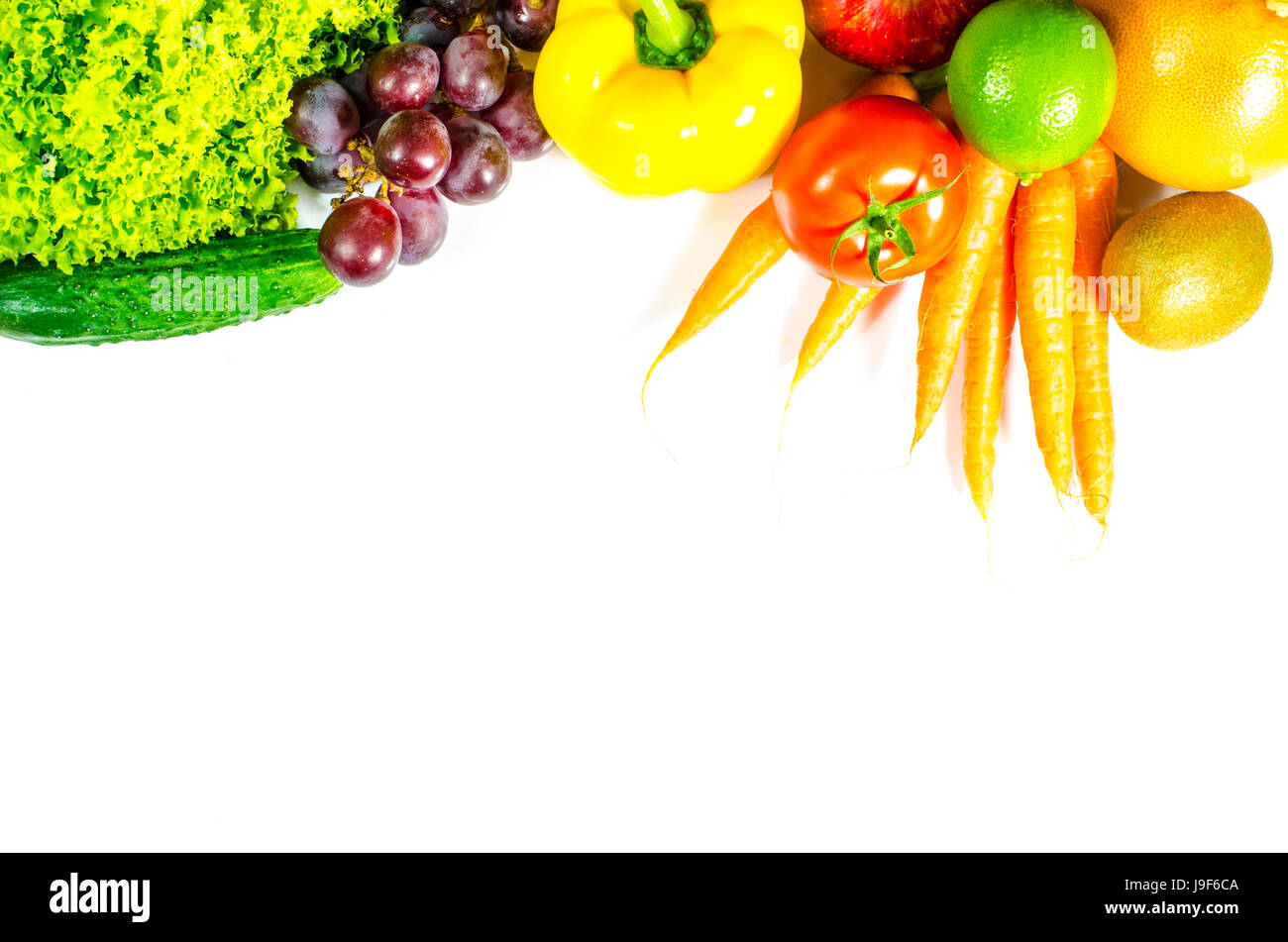 Frame of fresh fruits and vegetables on white background Stock Photo ...
