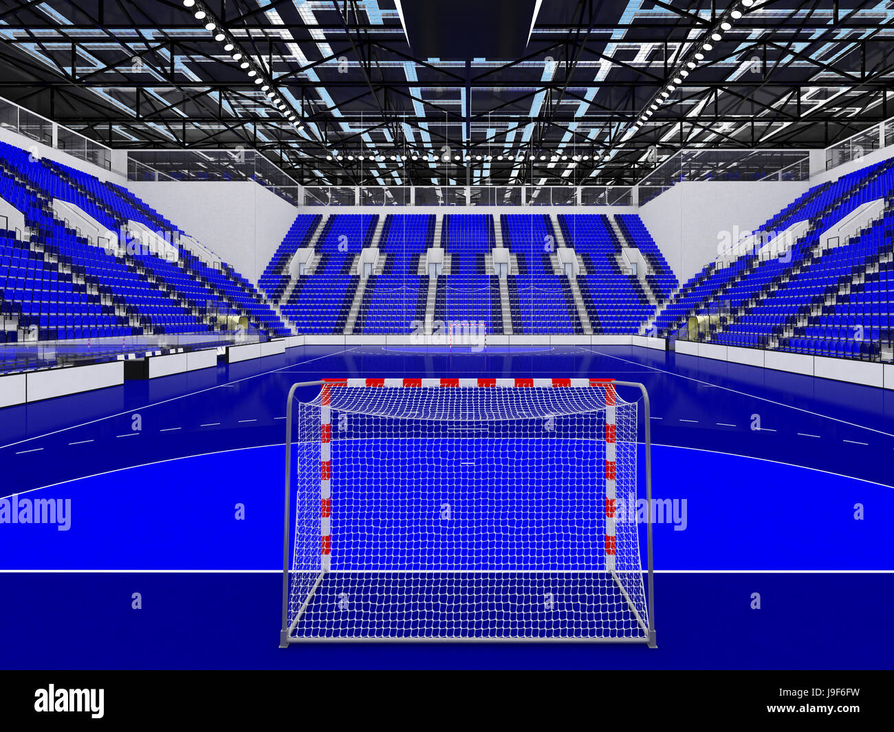 Beautiful sports arena for handball with blue seats and VIP boxes Stock ...