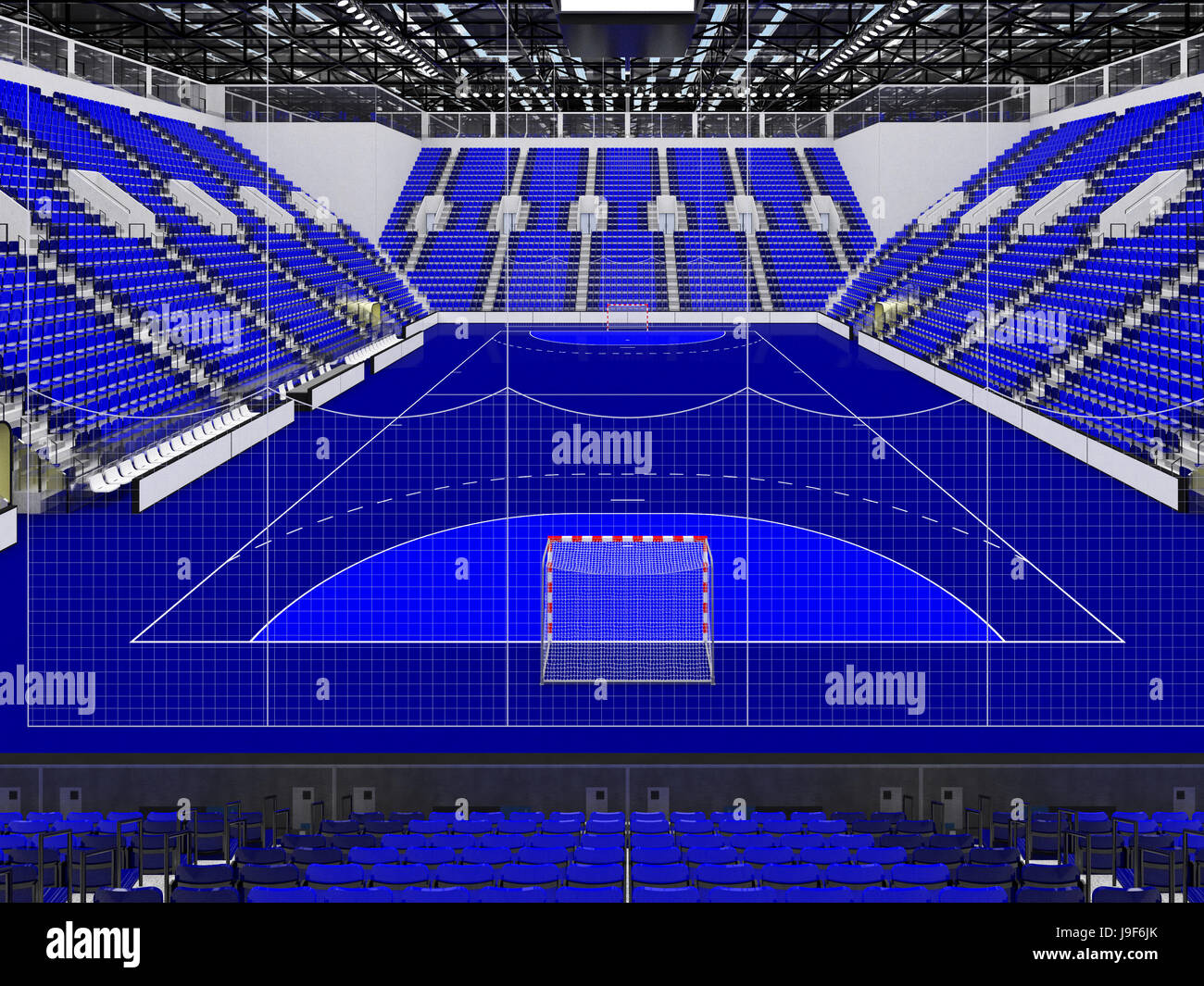 Beautiful sports arena for handball with blue seats and VIP boxes Stock ...