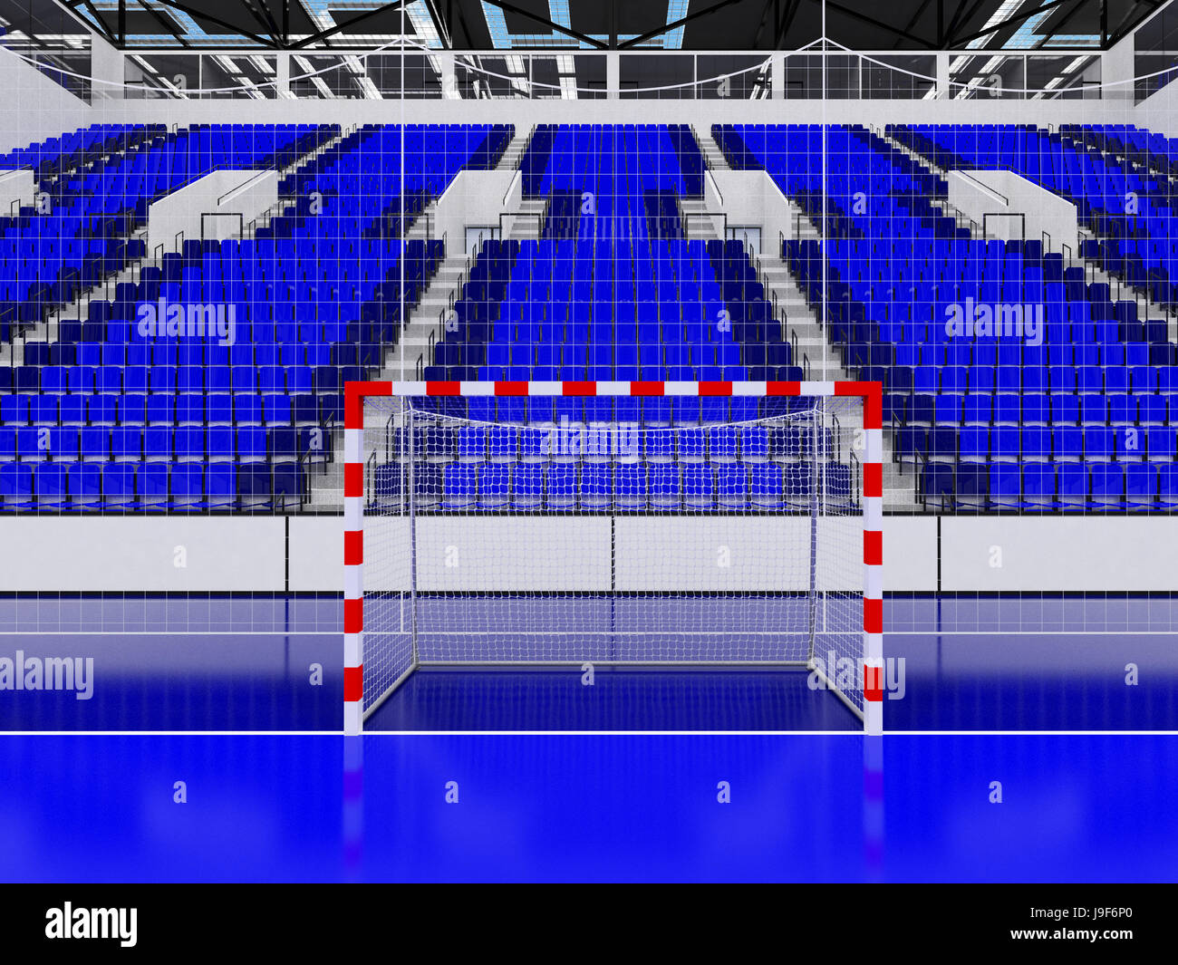 Beautiful sports arena for handball with blue seats and VIP boxes Stock ...