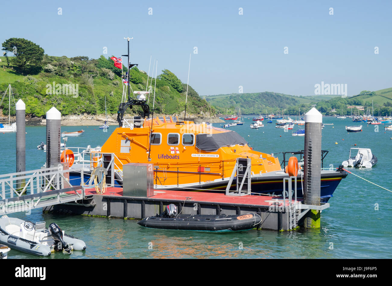 RNLI offshore lifeboat on its mooring in Salcombe in the South Hams ...