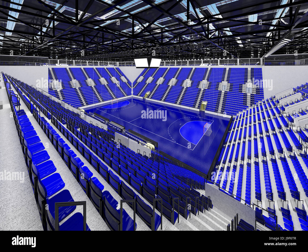 Beautiful sports arena for handball with blue seats and VIP boxes Stock ...