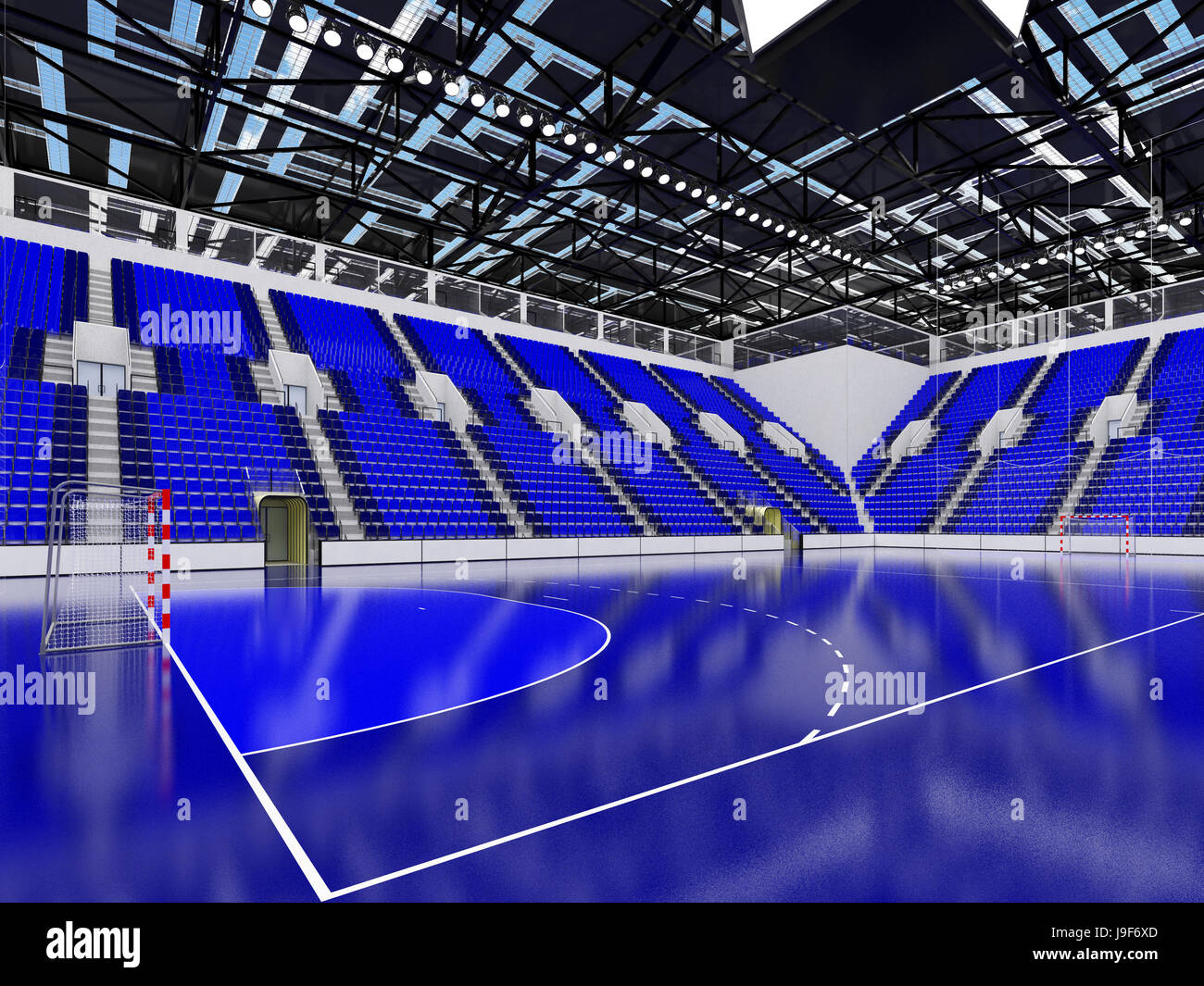 Beautiful sports arena for handball with blue seats and VIP boxes Stock ...