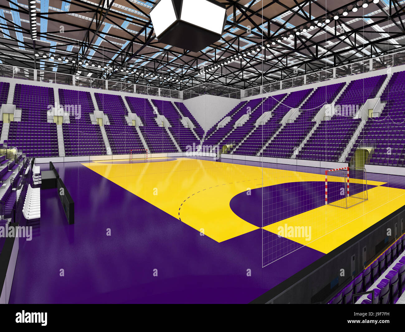 3D render of beautiful sports arena for handball with floodlights and ...