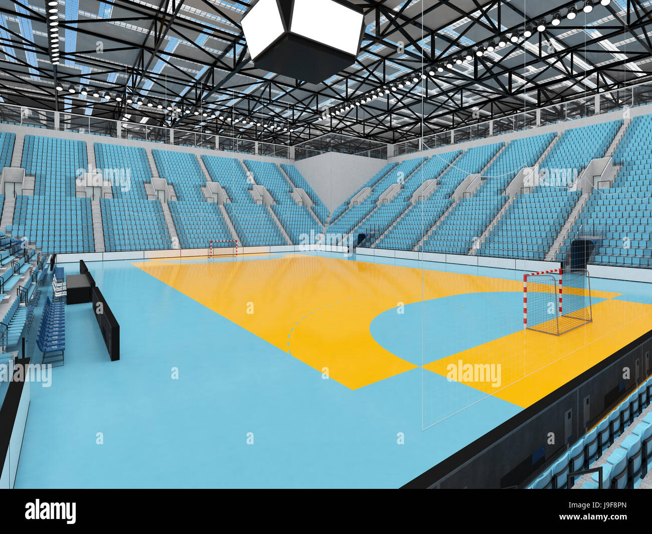3D render of beautiful sports arena for handball with floodlights and ...