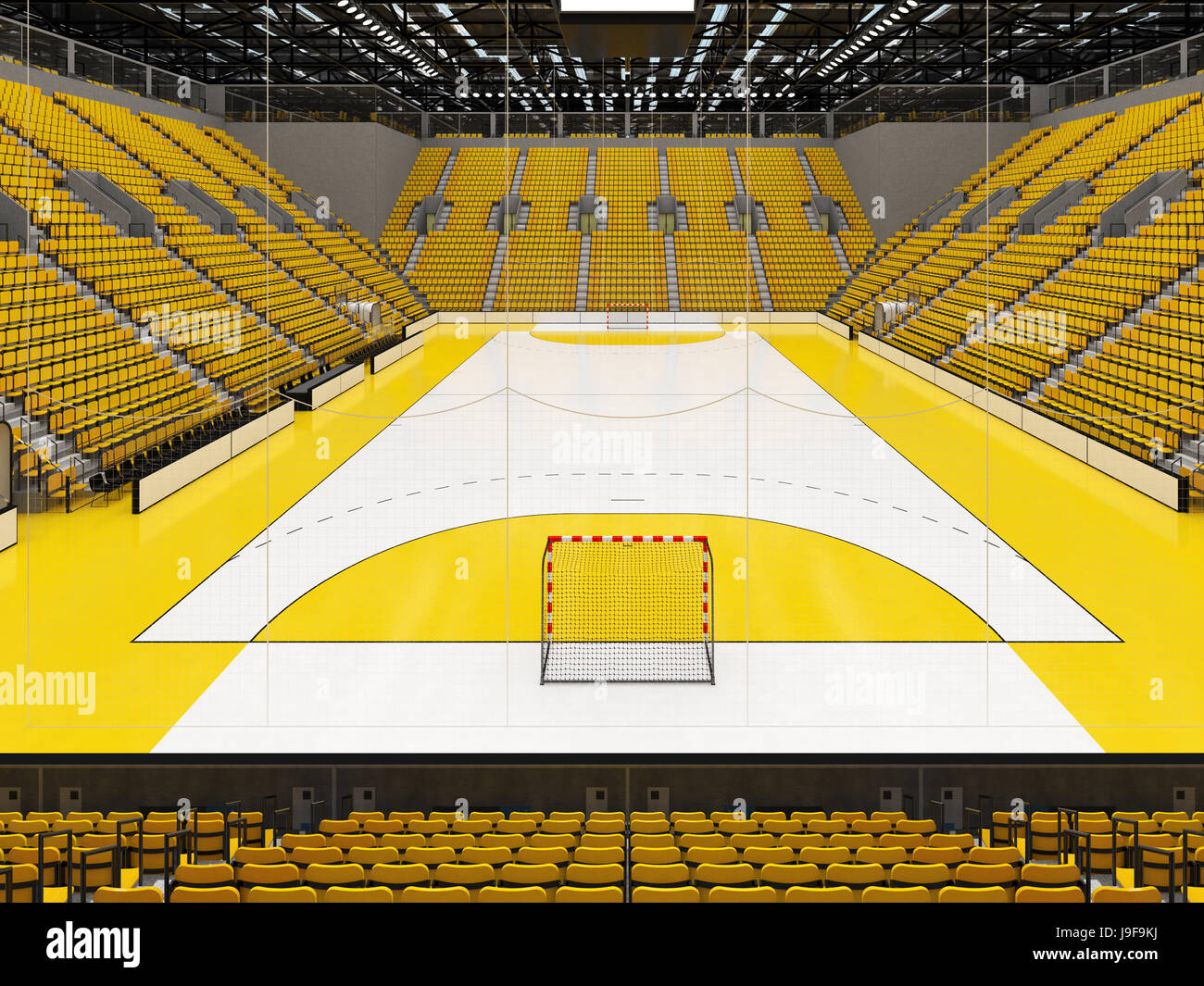 Beautiful sports arena for handball with yellow seats and VIP boxes ...