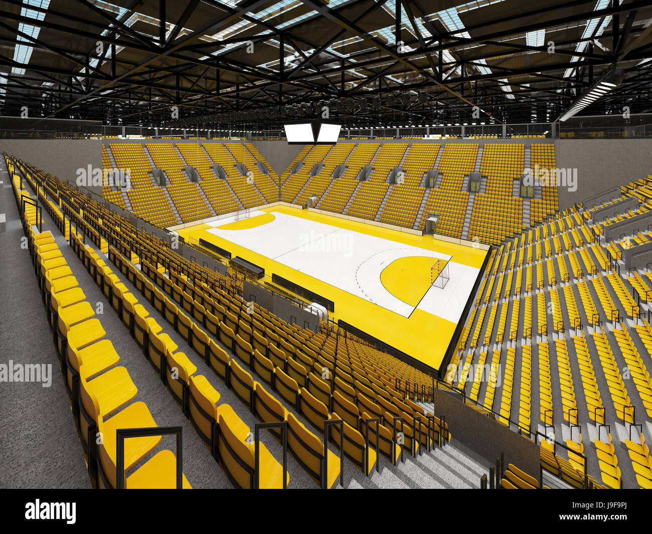 Beautiful sports arena for handball with yellow seats and VIP boxes ...