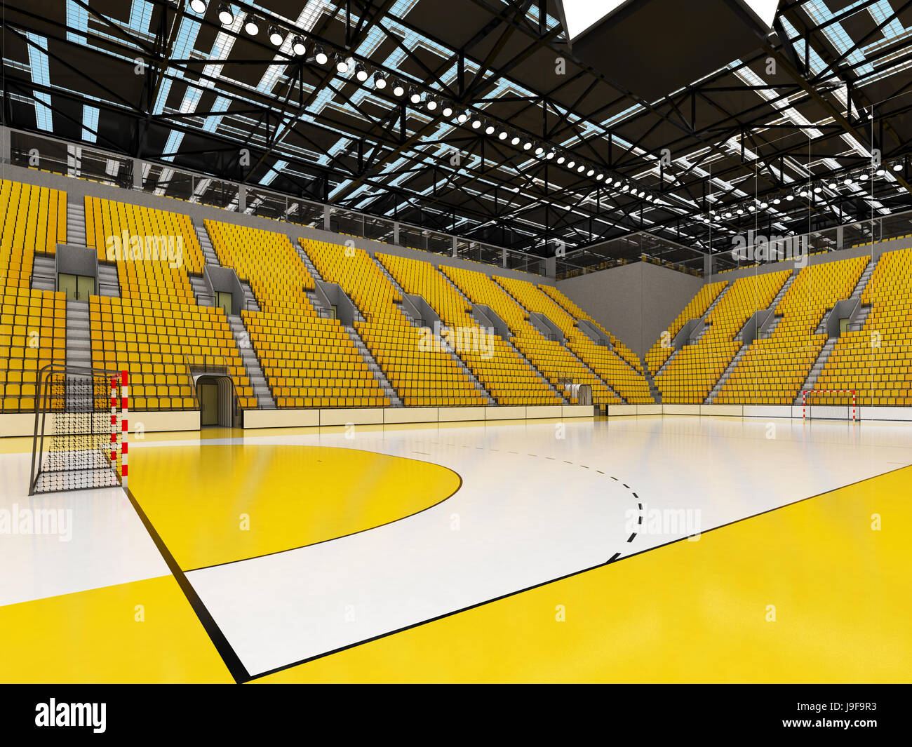 Beautiful sports arena for handball with yellow seats and VIP boxes ...