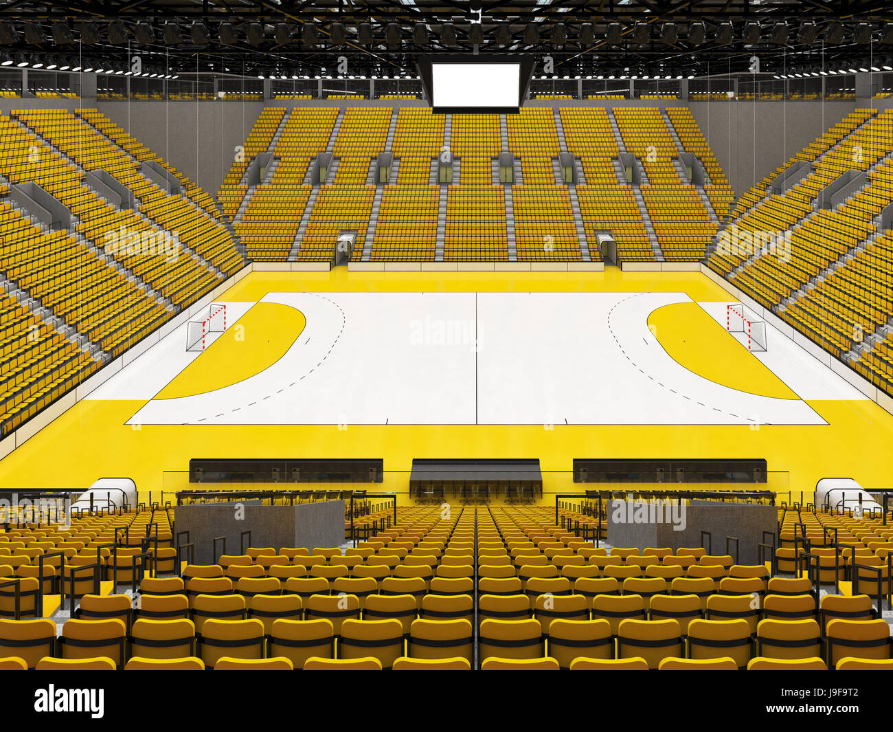 Beautiful sports arena for handball with yellow seats and VIP boxes ...