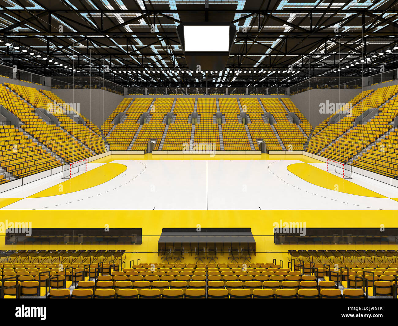 Beautiful sports arena for handball with yellow seats and VIP boxes ...
