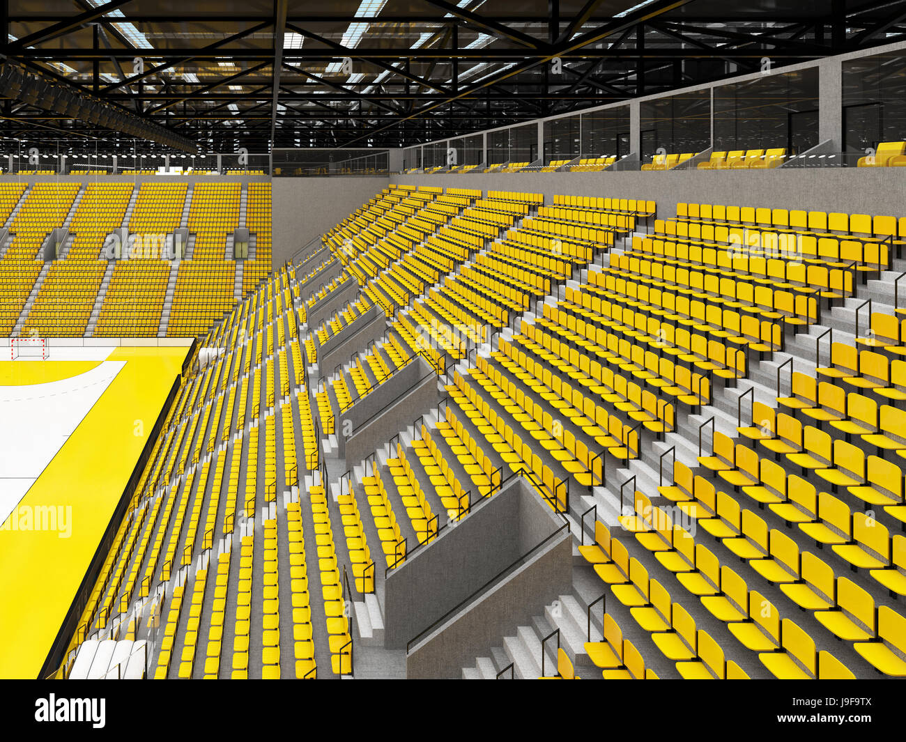Beautiful sports arena for handball with yellow seats and VIP boxes ...