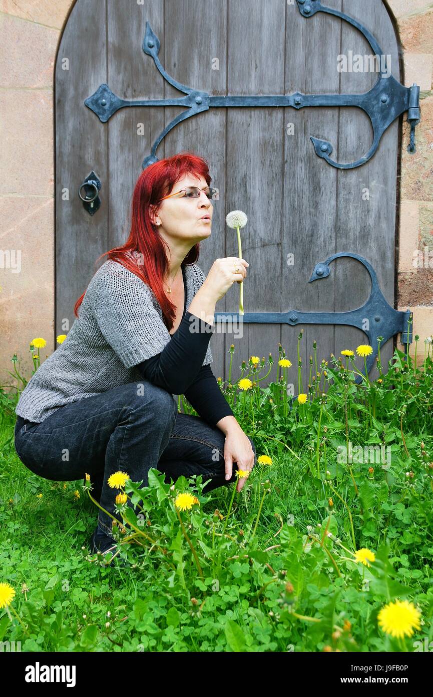 woman, relaxed, jeans, trousers, jean trousers, dandelion, redheaded ...