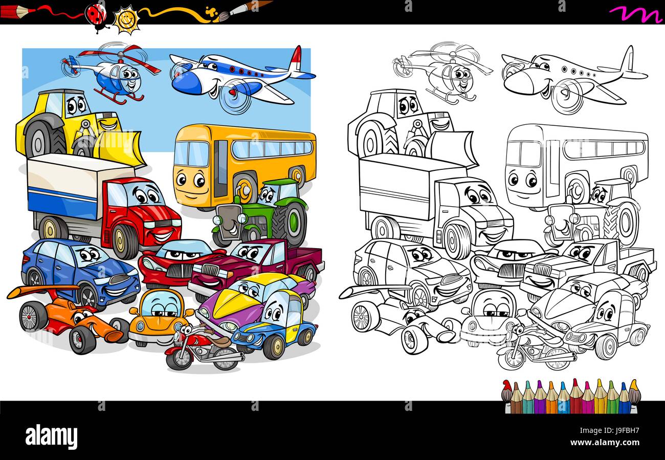 Cartoon Illustration of Transport Vehicle Characters Group Coloring ...