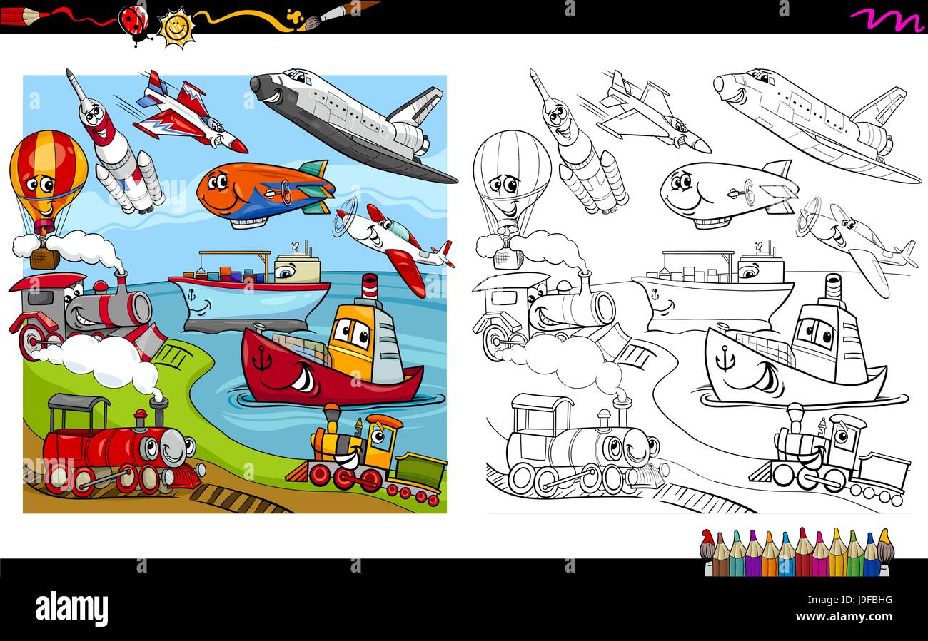 Cartoon Illustration of Transport Vehicle Characters Group Coloring ...