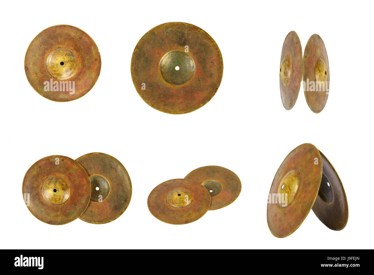 Close up of an prcussion cymbals with leather handle isolated on ...