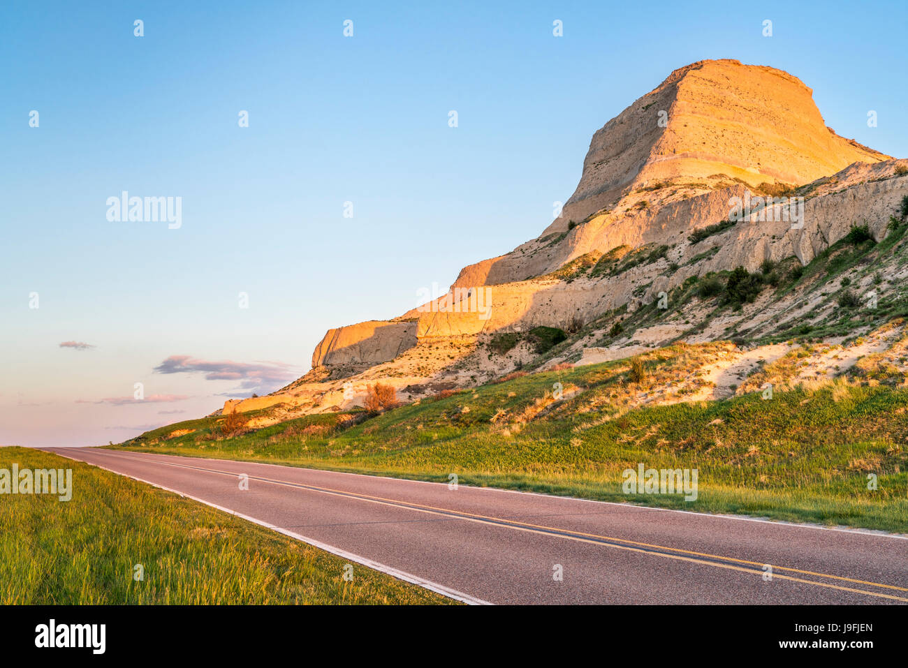 highway through Scotts Bluff National Monument in Nebraska, spring ...