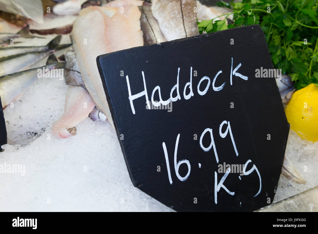 Kg price per kilogram tag board and selection of wet fish / haddock ...