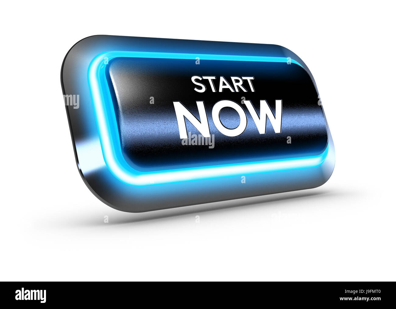 3D illustration of a rectangular push button with blue light over white ...