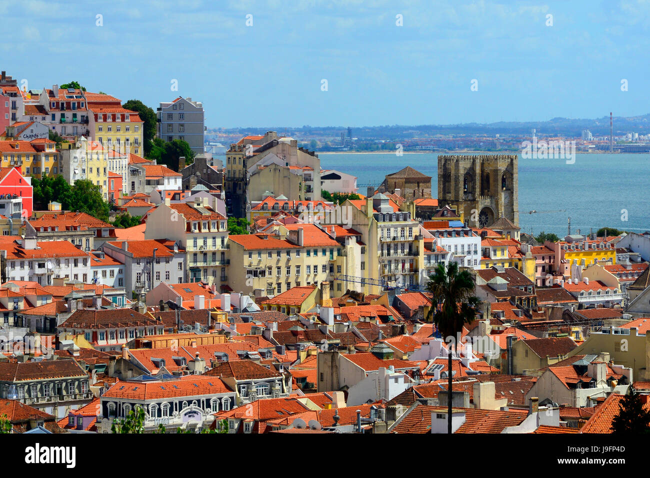 Lisbon Portugal Skyline with tiled roofs and Tagus River Stock Photo ...