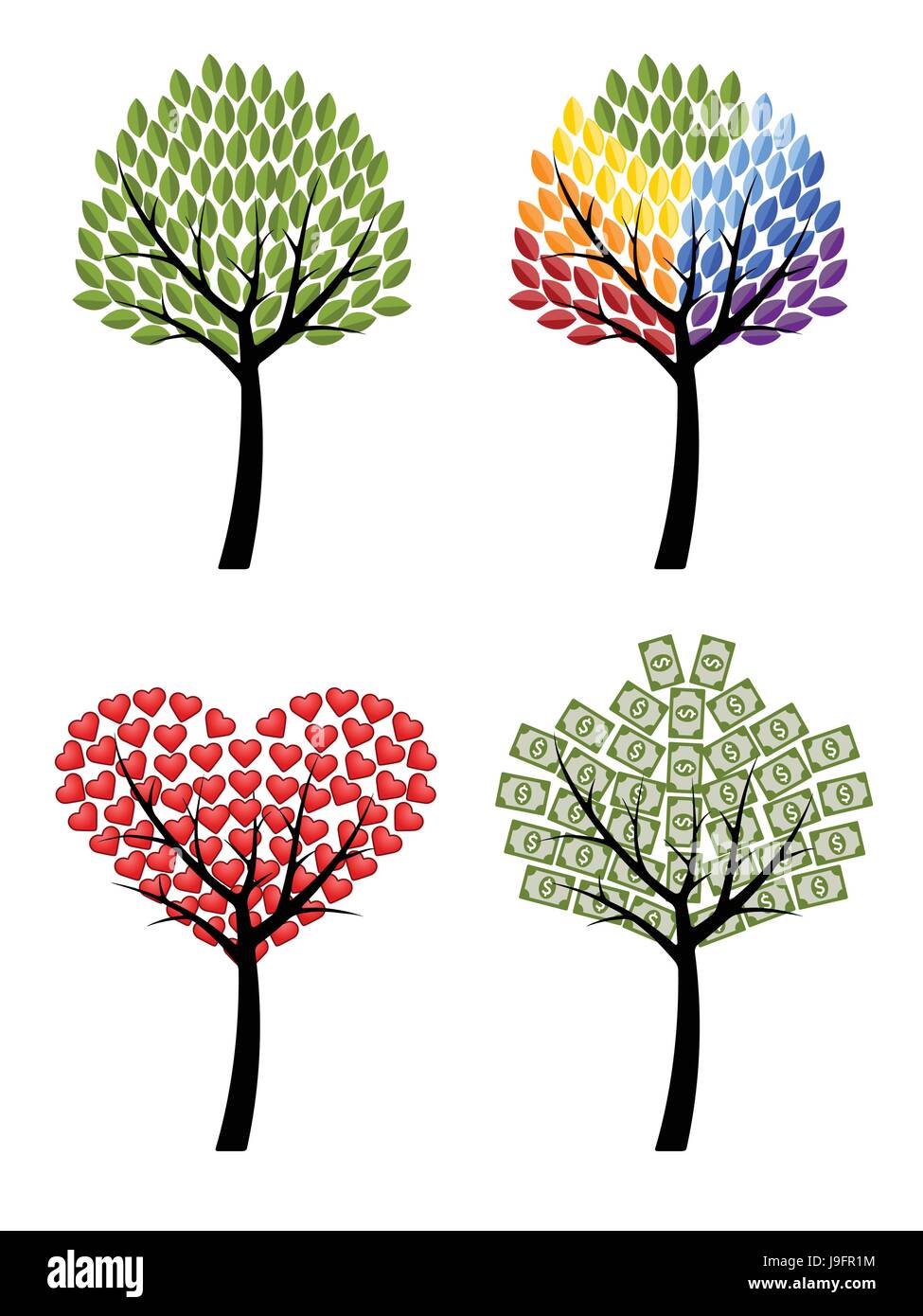 Set of trees. Eco, rainbow, hearts, money. Concept vector illustration ...