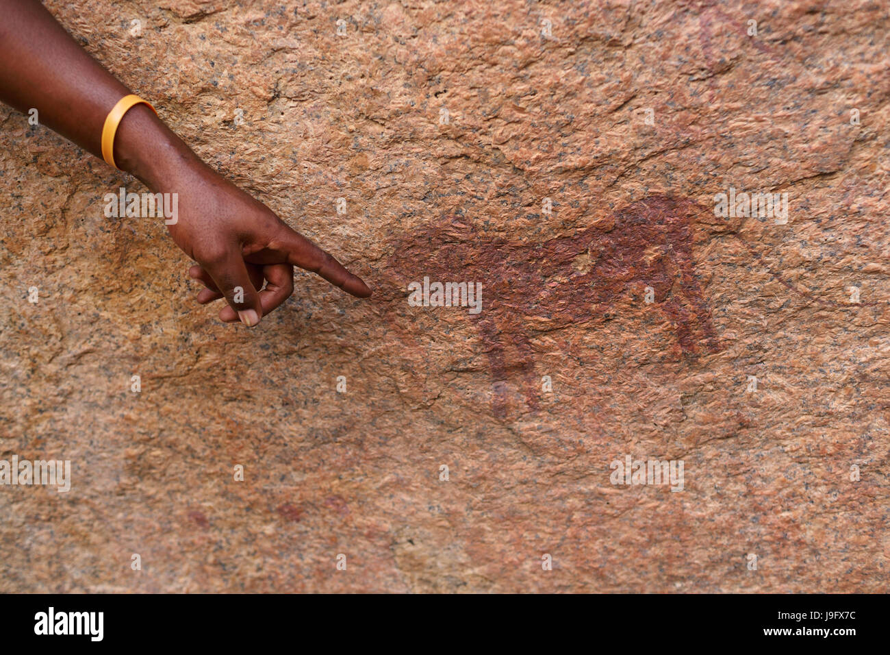 Native Namibian man pointing at San rock art at Spitzkoppe, Namibia ...