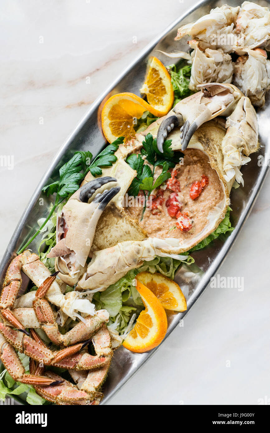 gourmet fresh whole crab with seafood cream mousse and prawn meal Stock ...