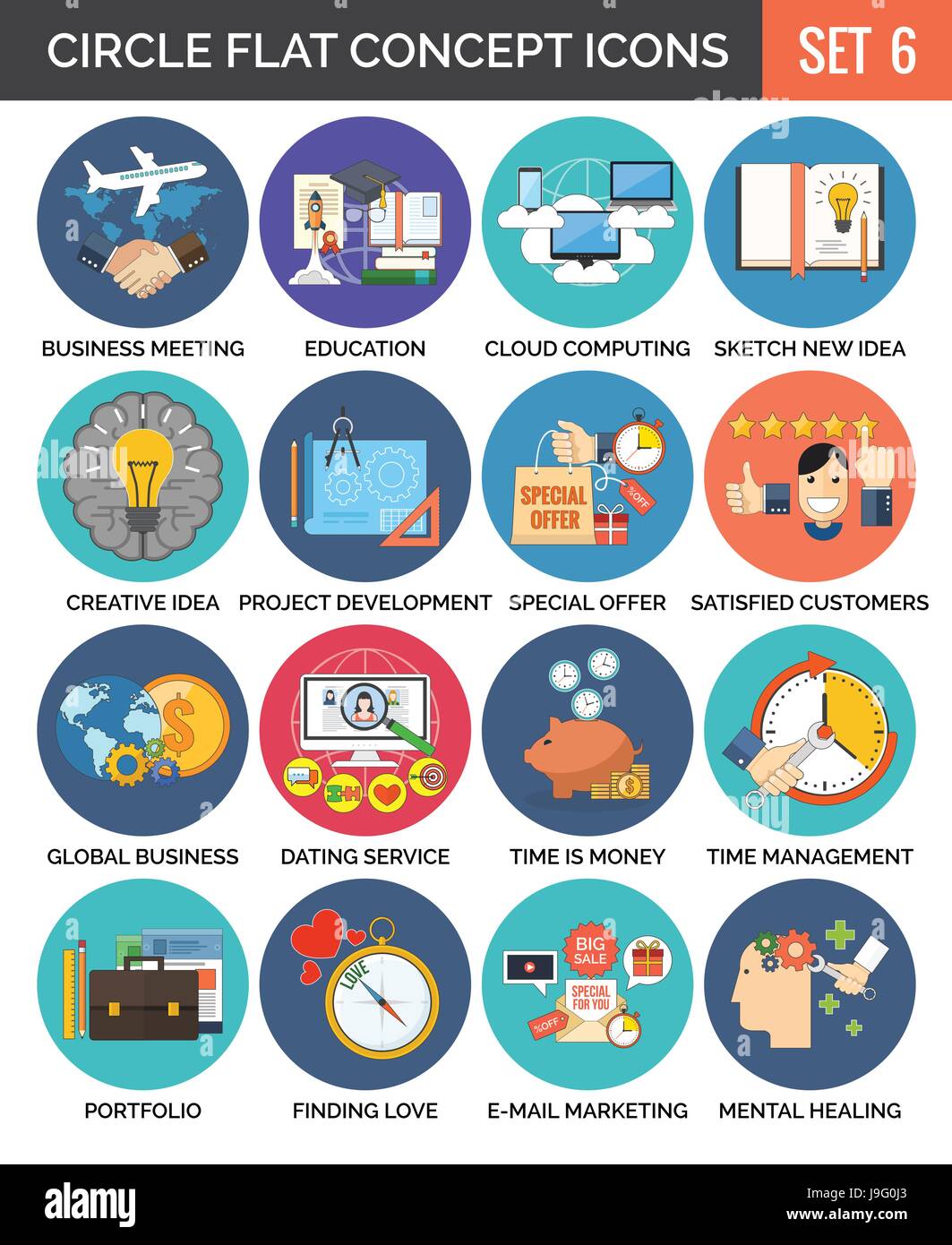 Circle Colorful Concept Icons. Flat Design. Set 6. Business, Finance ...