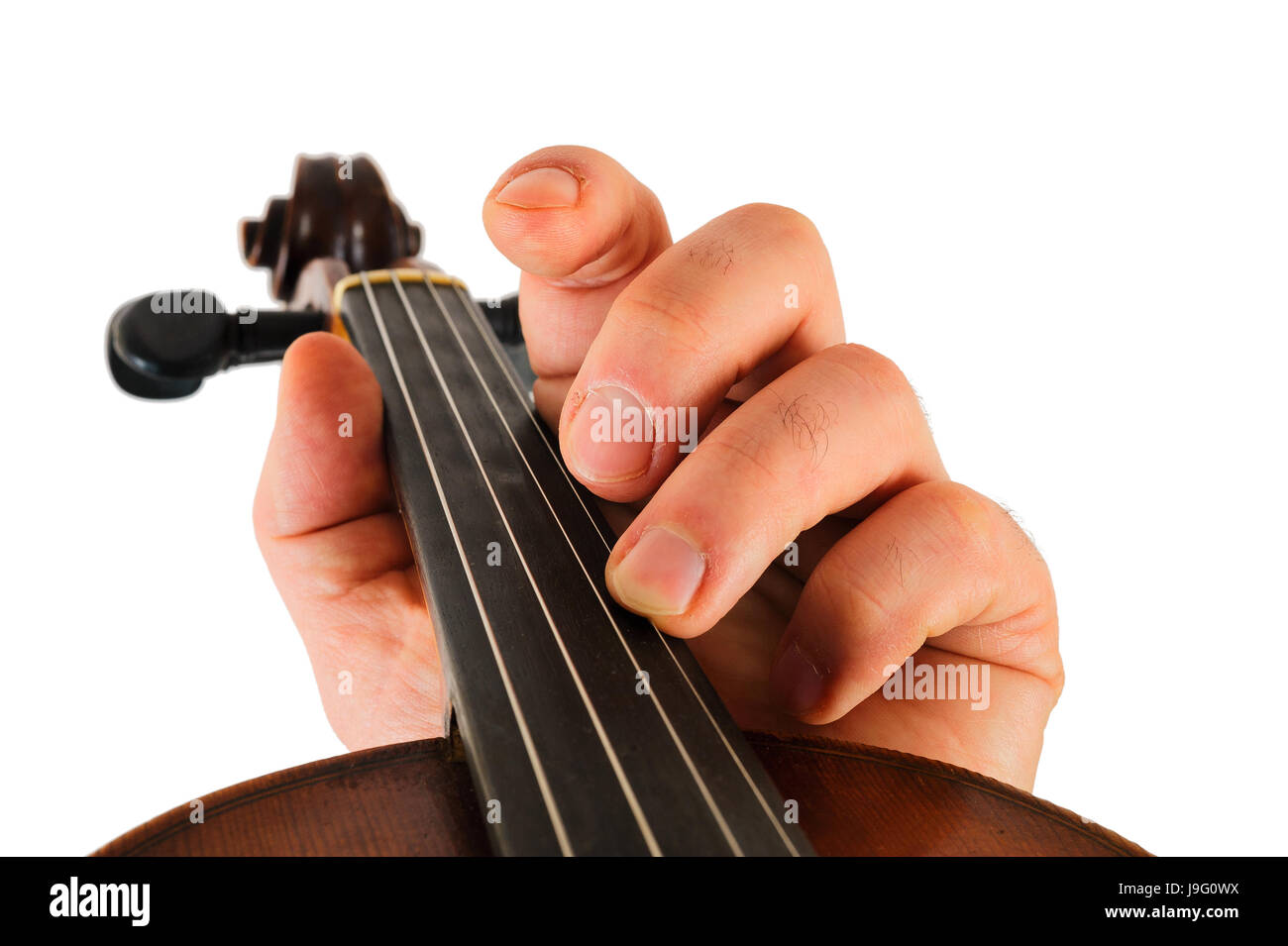 Image violin lies in a human hand.String instrument isolated on white ...
