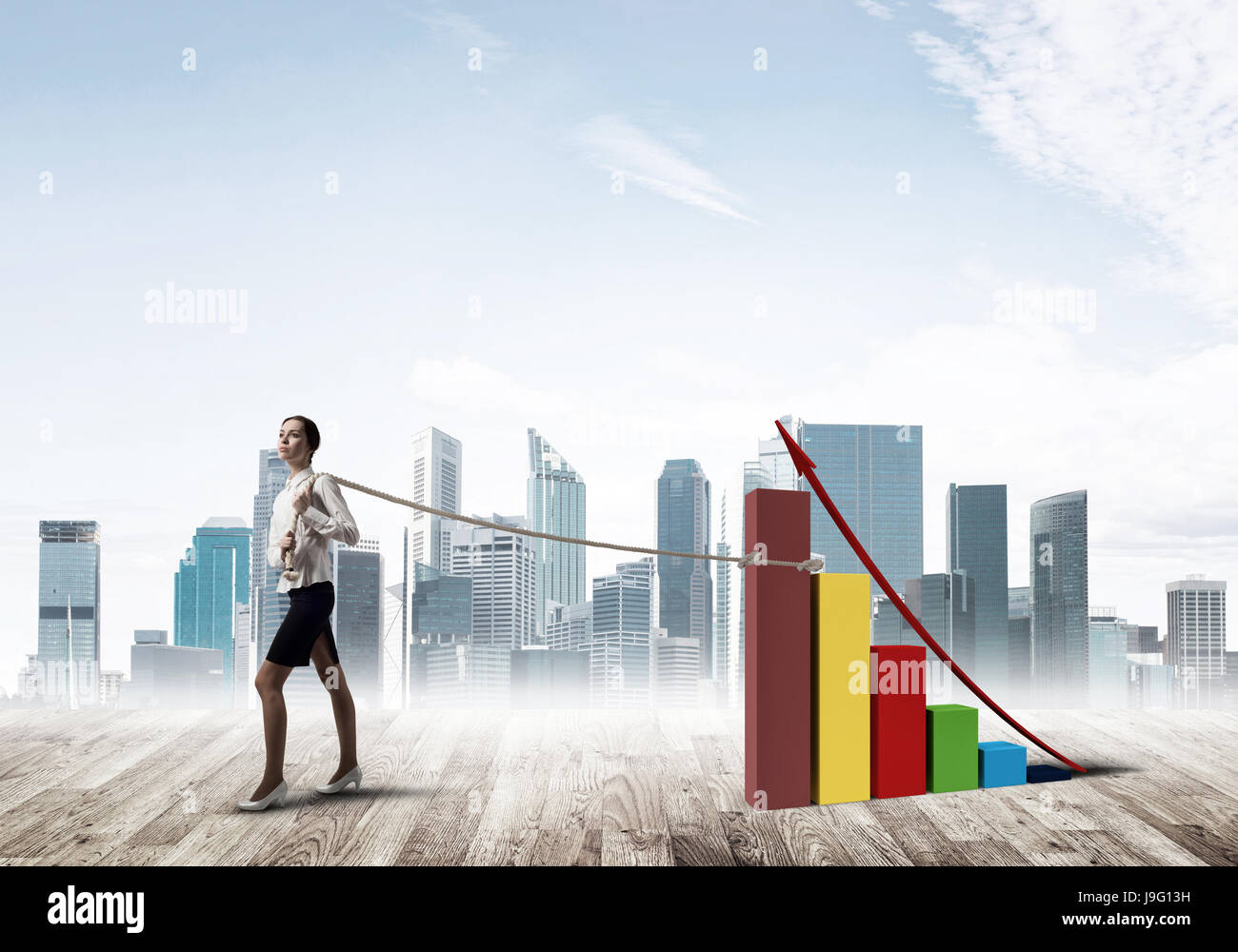 Businesswoman pulling arrow with rope and making it raise up Stock ...