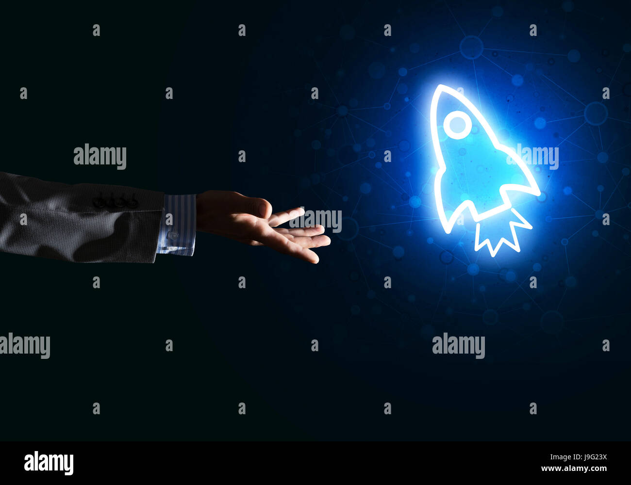 Man palm presenting Rocket web icon as technology concept Stock Photo ...