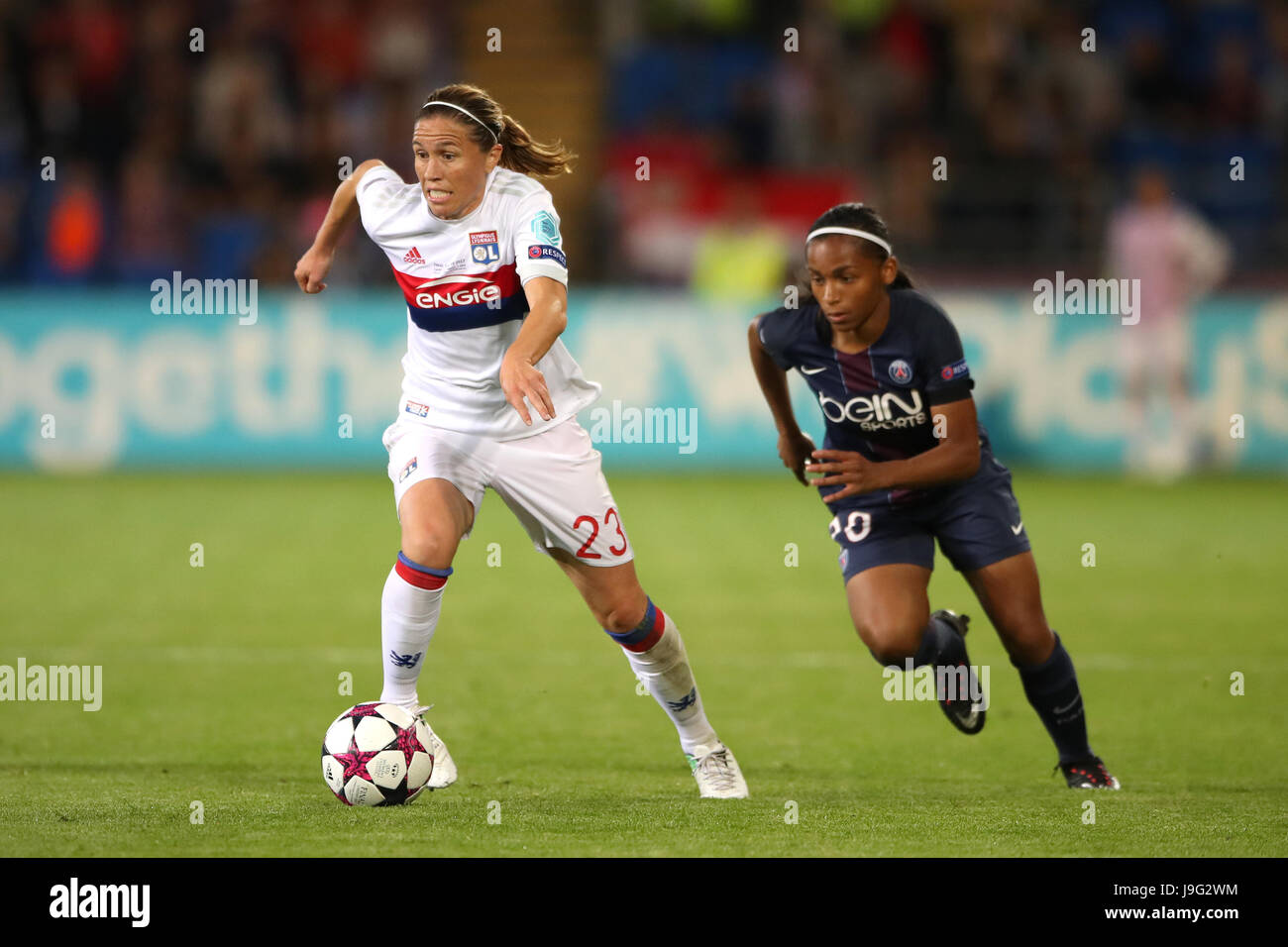Lyon's Camille Abily (left) and Paris Saint-Germain's Perle Morroni ...